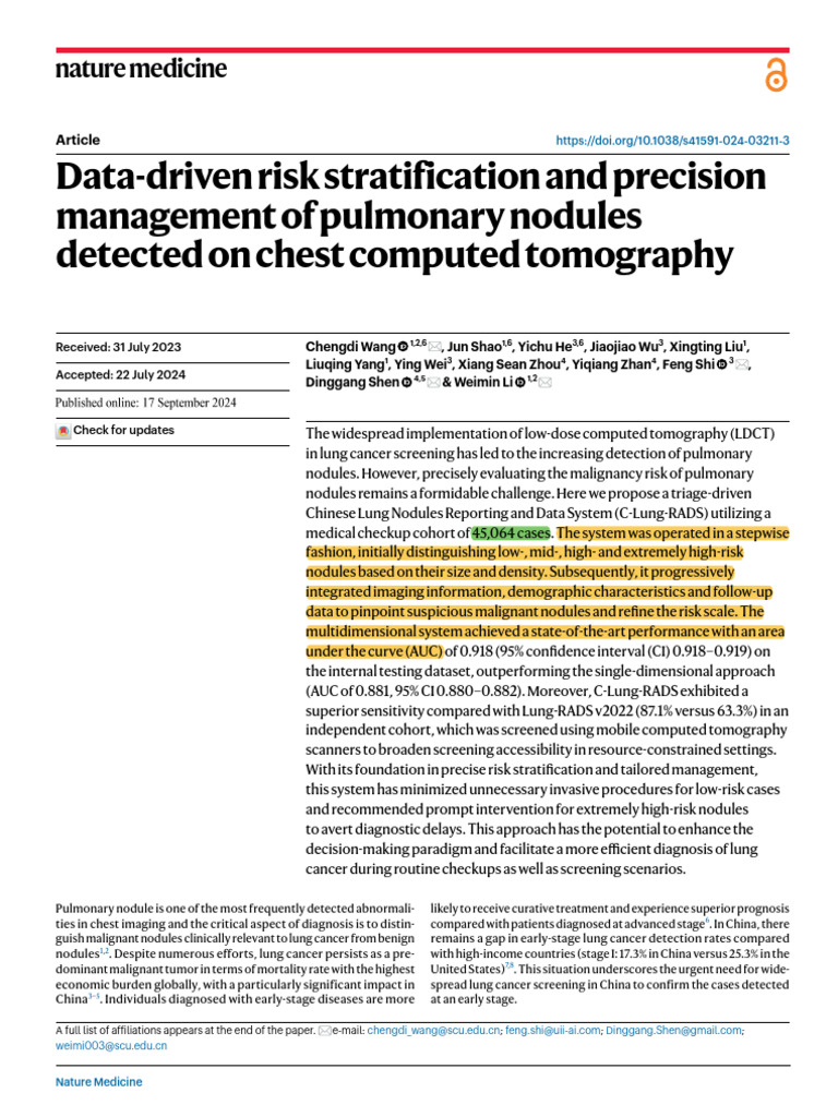 [2024NM]Data-driven Risk Stratification and Precision Management of Pulmonary Nodules Detected ...