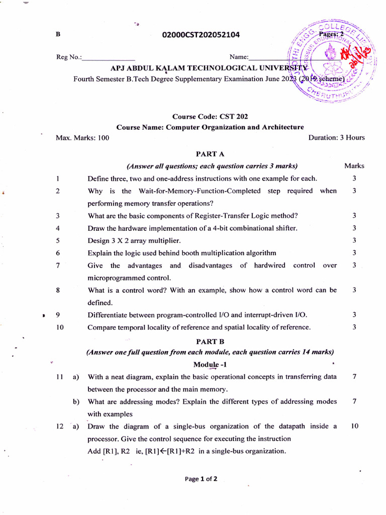 CST202 COMPUTER ORGANIZATION AND ARCHITECTURE, JUNE 2023 | PDF | Central Processing Unit ...