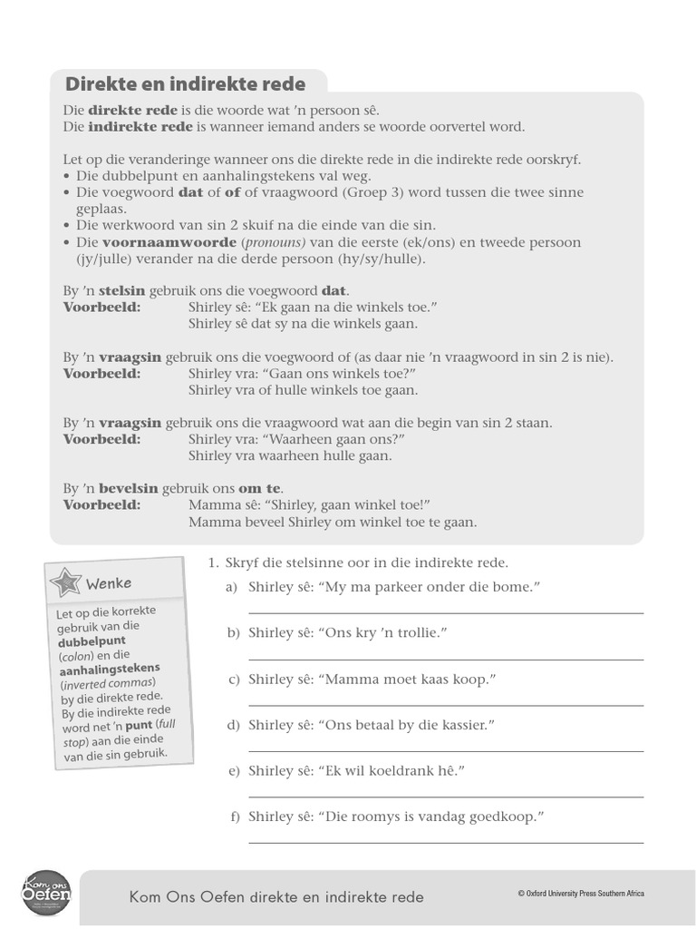 Graad 7 Afrikaans EAT Kom Ons Oefen Direkte en Indirekte Rede | PDF