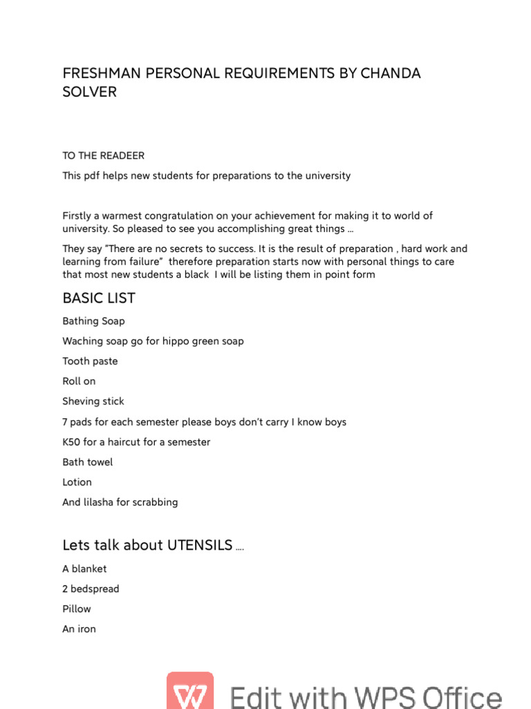 Freshman Personal Requirements by Chanda Solver | PDF