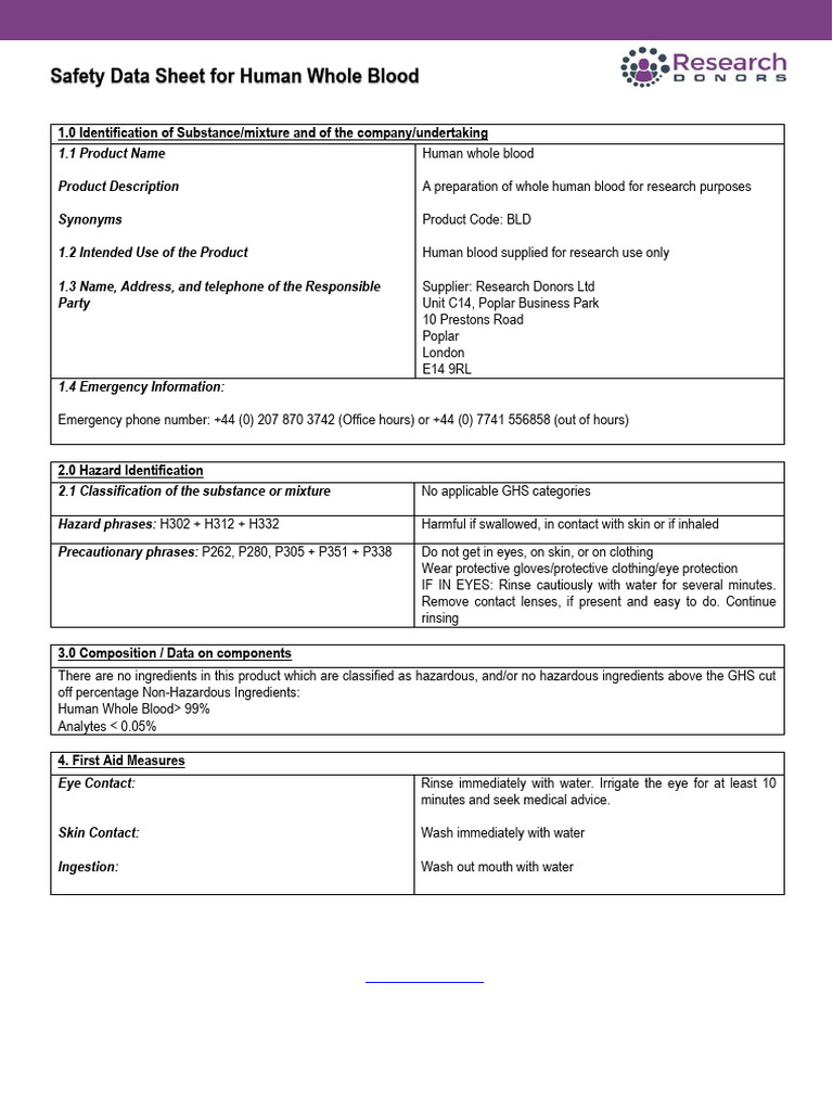 Human Whole Blood Safety Data Sheet | PDF | Working Conditions | Safety