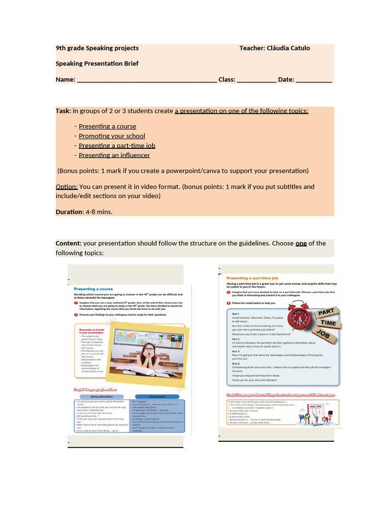 9th Grade Speaking Projects - 1st Semester | PDF