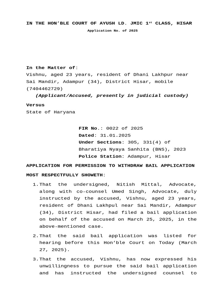 Withdrwal of Bail Application of Vishnu | PDF | Bail | Misconduct