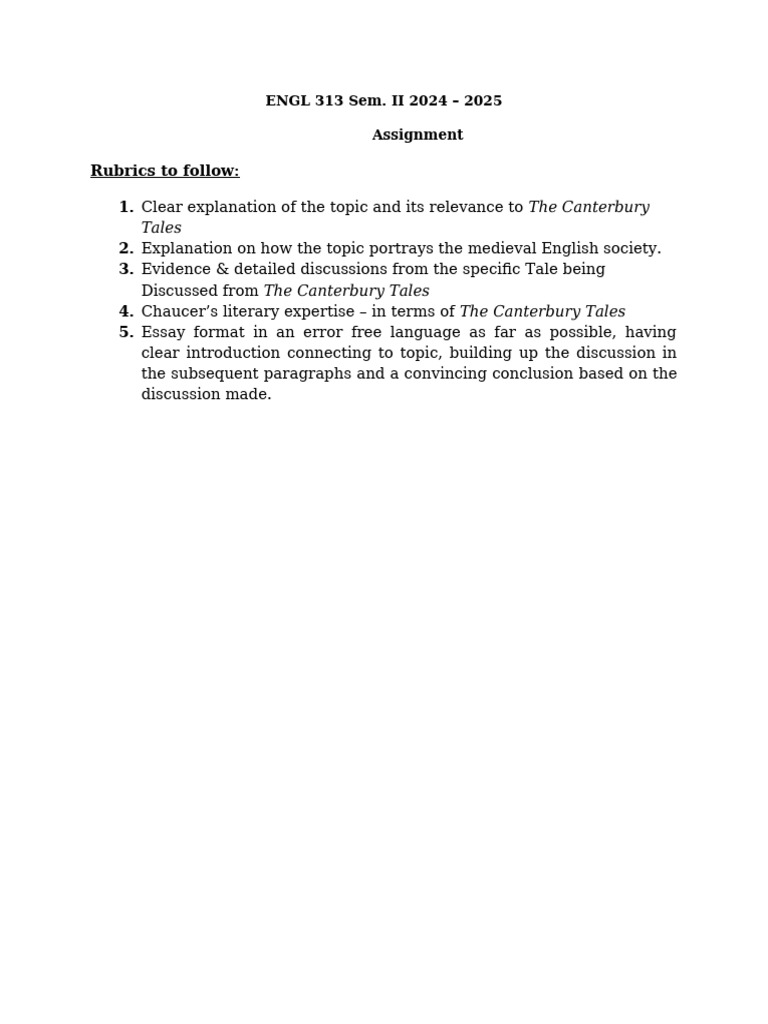 ENGL 313 Sem. II Assignment Rubrics | PDF