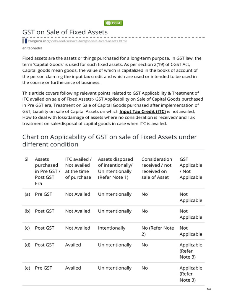 GST On Sale of Fixed Assets | PDF | Value Added Tax | Taxes