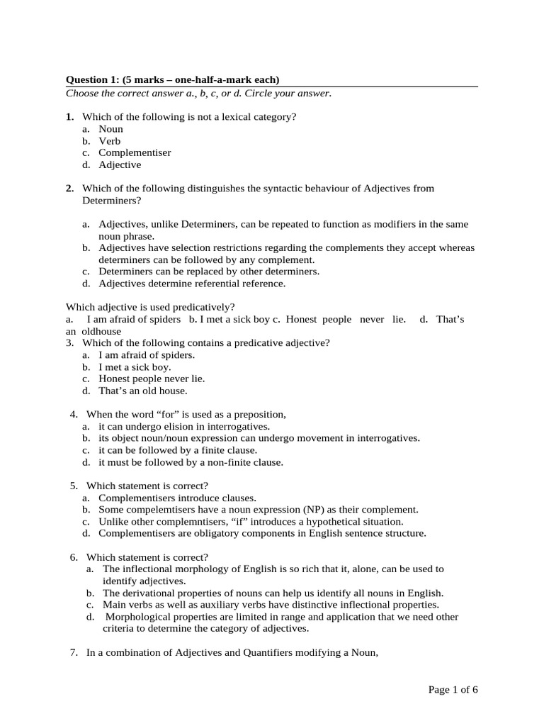 ENGL 342 - Test 1 Mock | PDF | Adjective | Noun