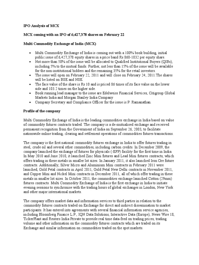 IPO Analysis MCX | PDF | Commodity Markets | Futures Contract