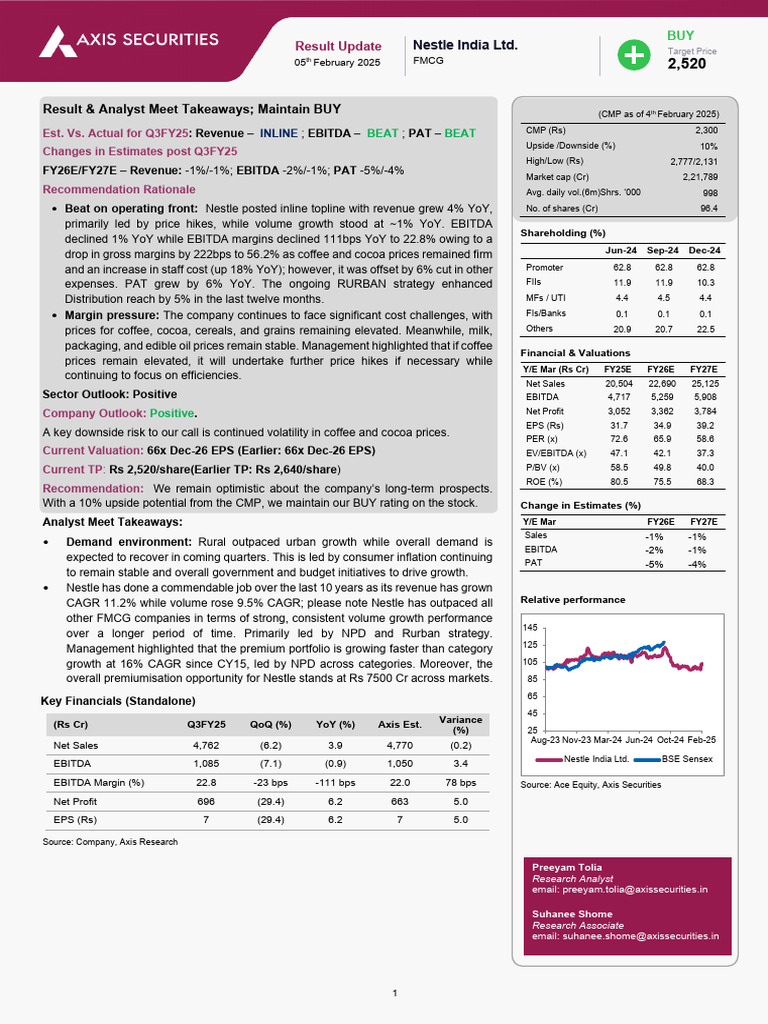 Axis Securities Sees 10% UPSIDE in Nestle India Ltd Result & Analyst | PDF | Securities (Finance ...