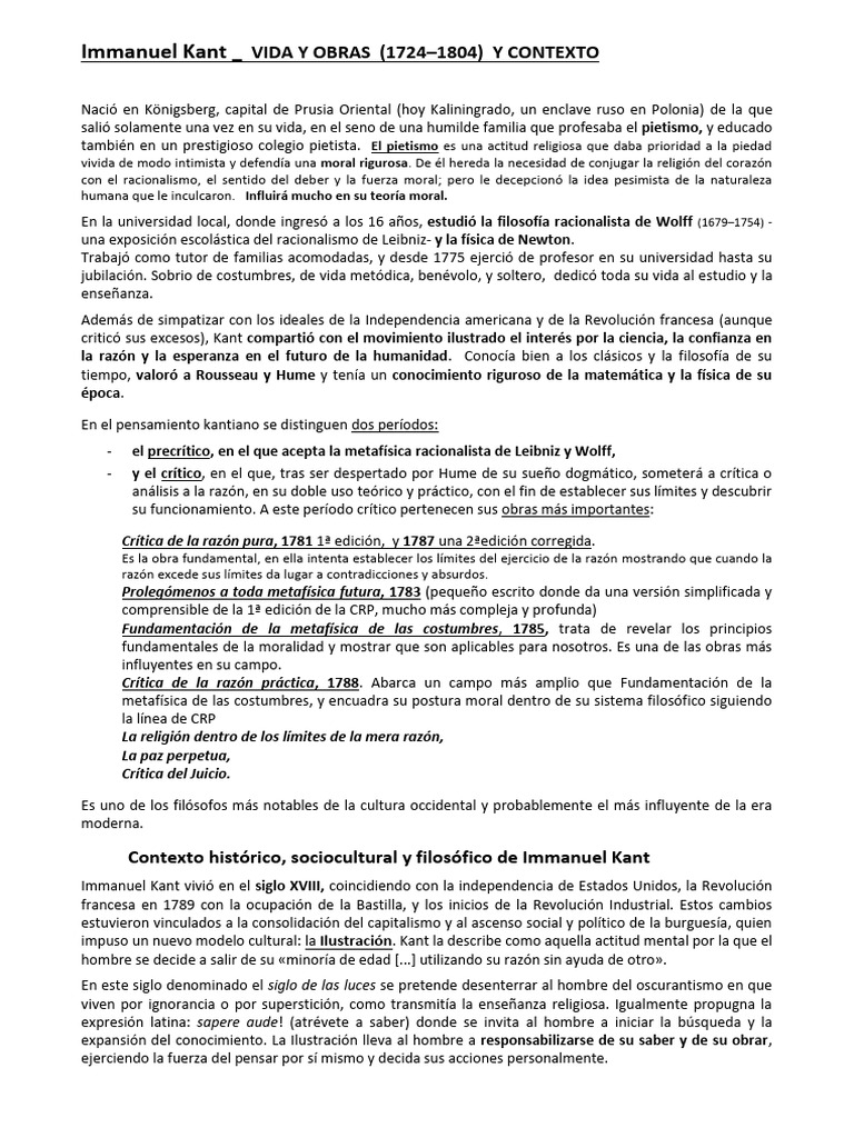 Kant Vida, Obras y Contexto Amplio | PDF | Immanuel Kant | Era de iluminacion