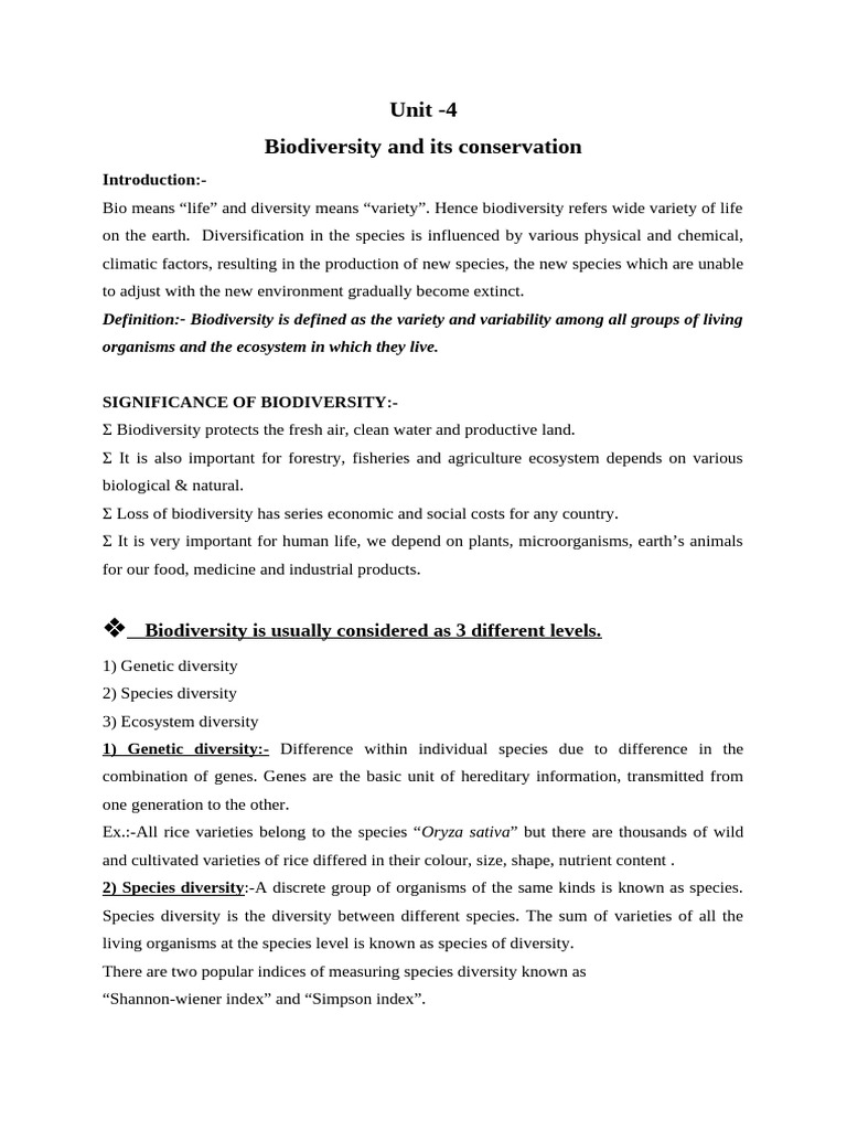 ENV, Unit-IV, Biodiversity & Its Conservation, Def. Gen. | PDF ...