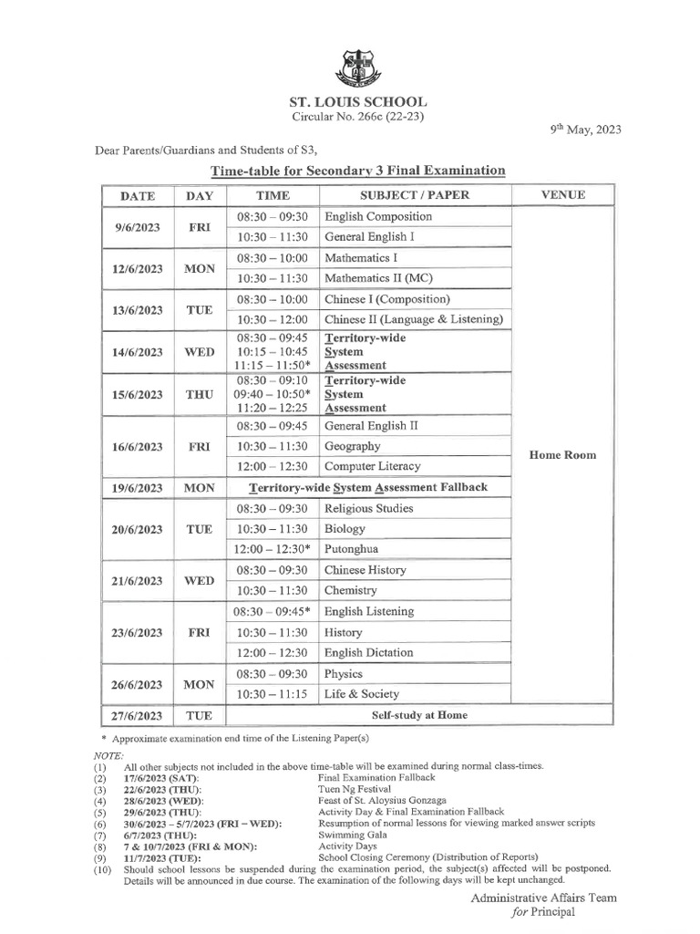 2223 (266c) Time-Table For S3 Final Exam | PDF