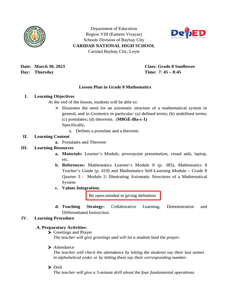Grade 8 Math Lesson Plan: Postulates & Theorems | PDF | Line (Geometry ...