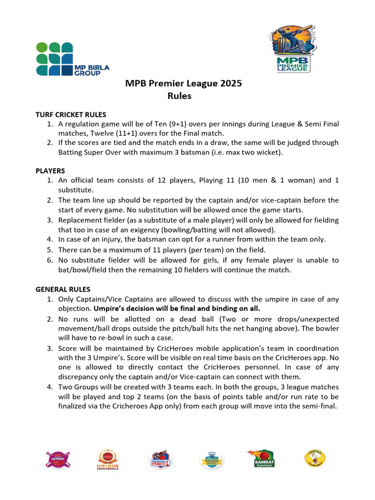 MPB Premier League 2025 Rules | PDF | Bowling (Cricket) | Cricket