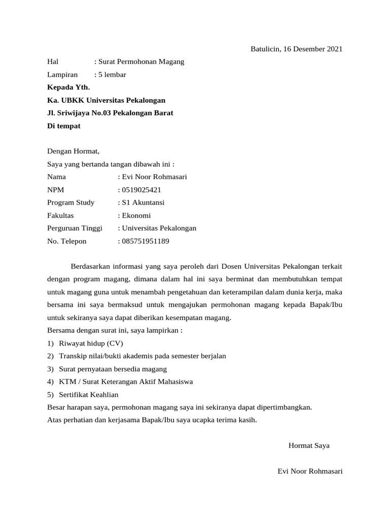 Surat Lamaran Magang | PDF