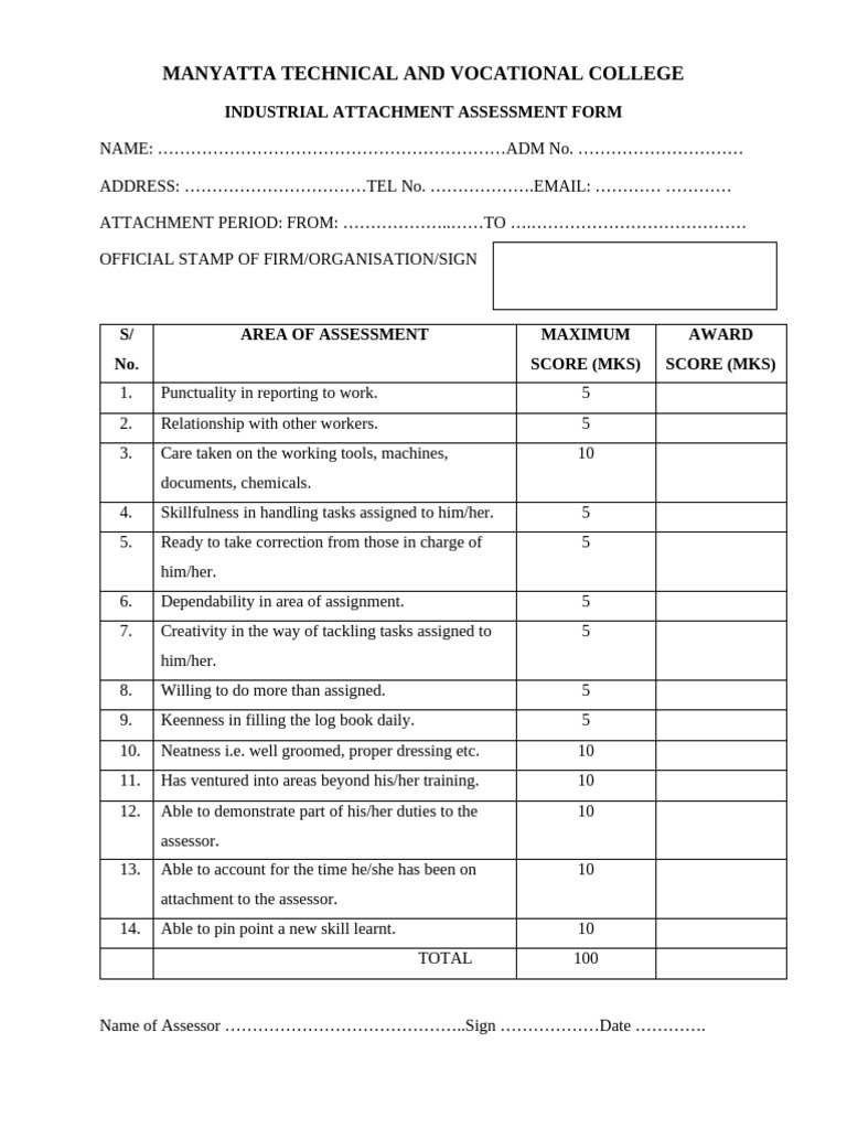 Industrial Attachment Assessment Form | PDF