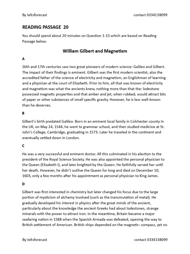 29 Passage 1 - William Gilbert and Magnetism Q1-13 | PDF | Magnet ...