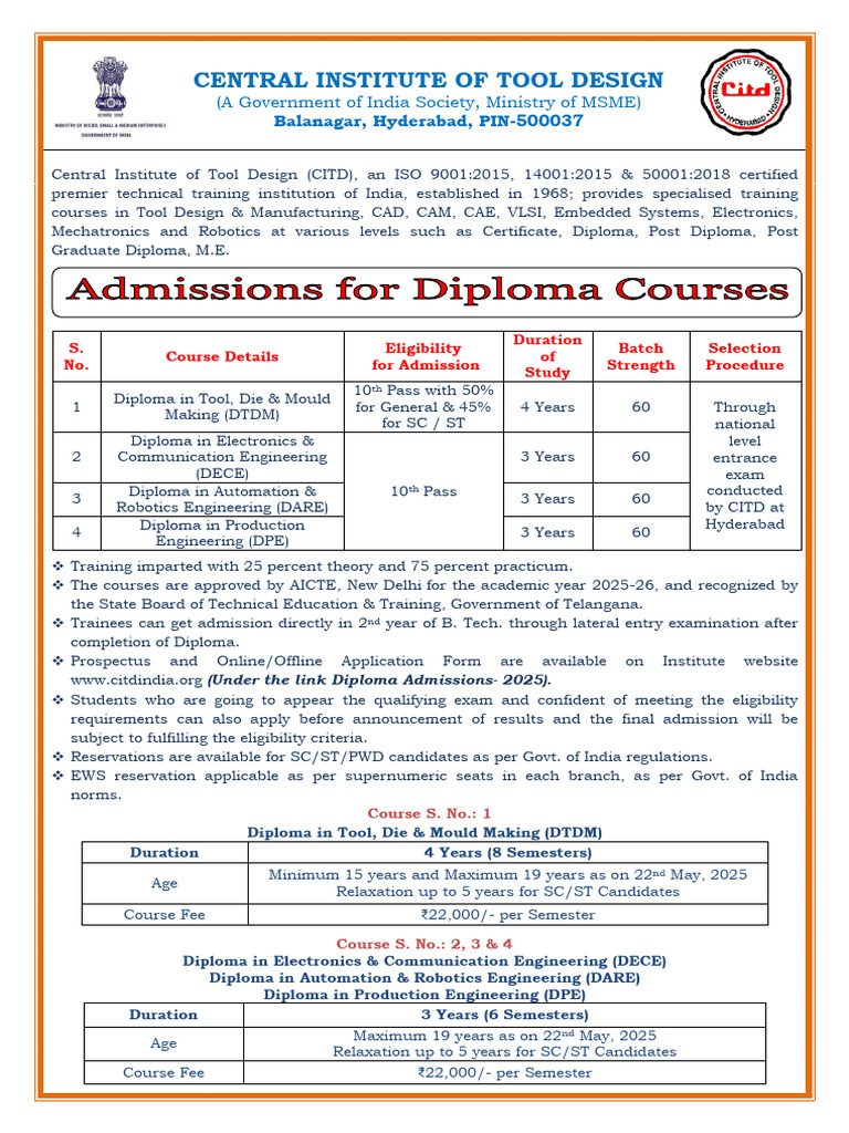 CITD Diploma Admissions 2025 Guide | PDF | Multiple Choice | Diploma