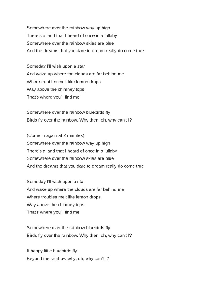 Lyrics to Somewhere Over the Rainbow | PDF