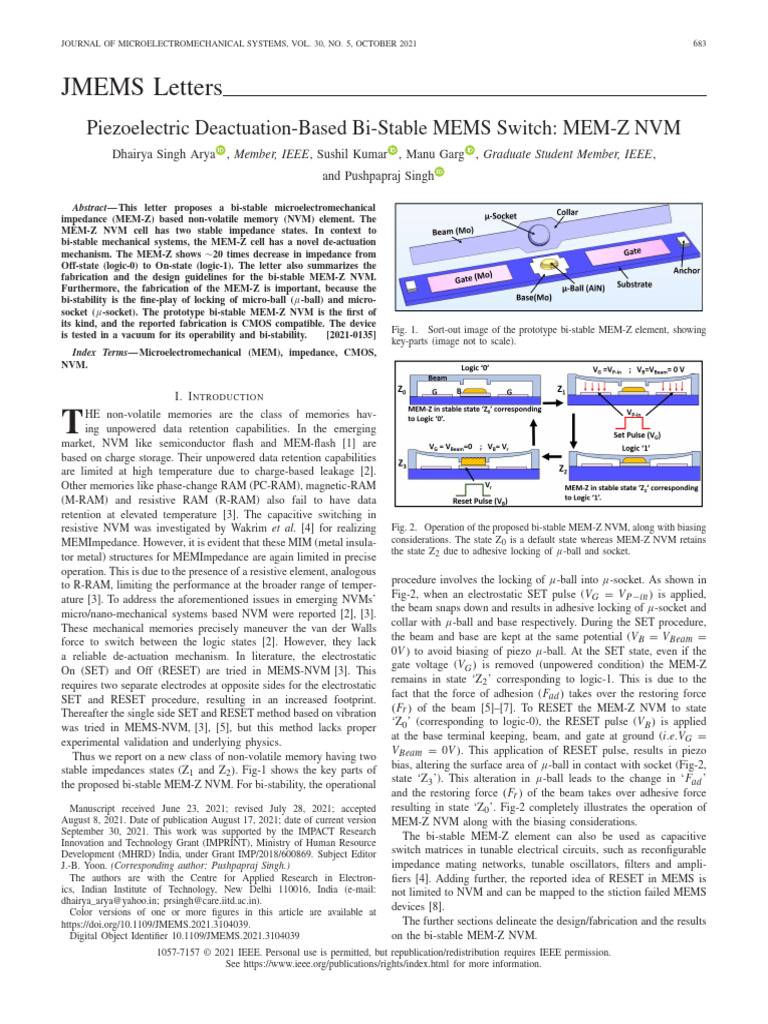 Piezoelectric Deactuation-Based Bi-Stable MEMS Switch MEM-Z NVM | PDF ...