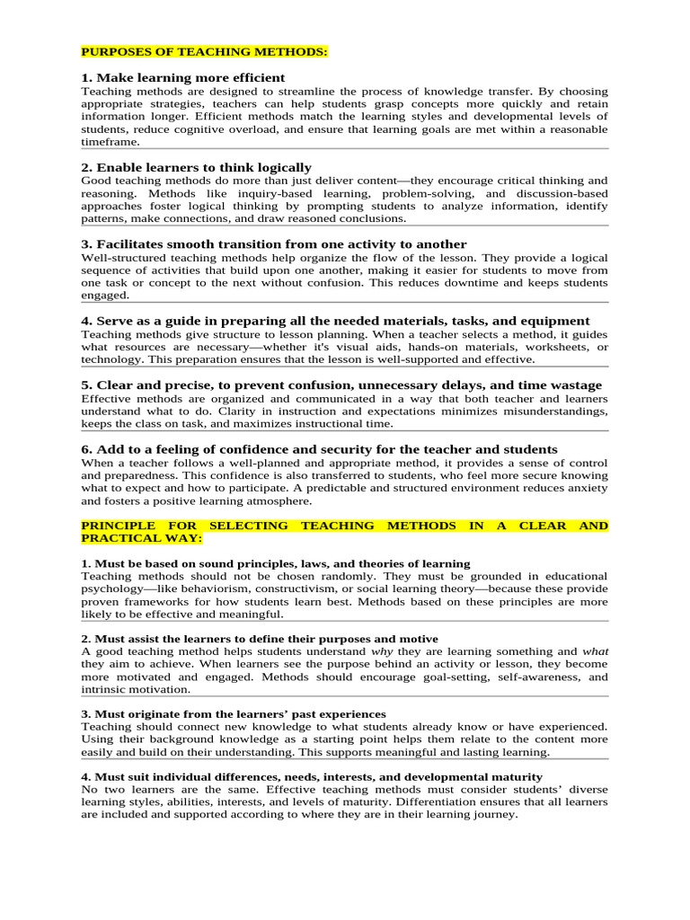 Handouts On Purposes of Teaching Methods | PDF | Learning | Teaching Method