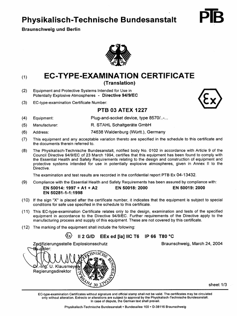 PTB 03 Atex 1227 | PDF