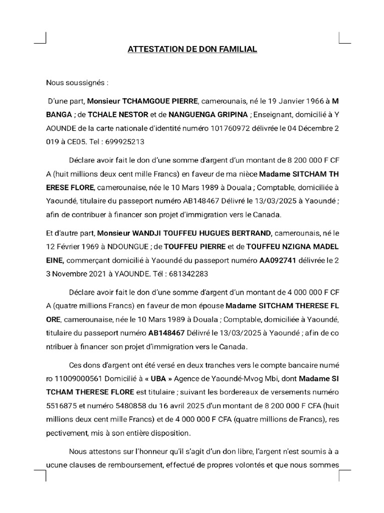 Attestation de Don Familial Sitcham Flore - Phoenix | PDF