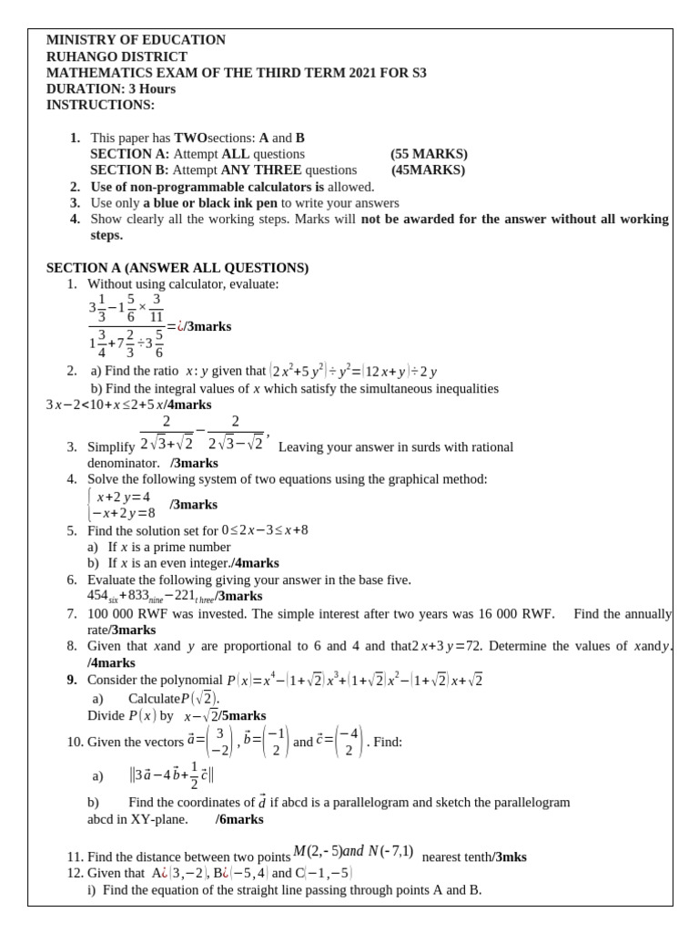 Mathematics Exam of Third Term 2021 For S3 | PDF | Mathematics