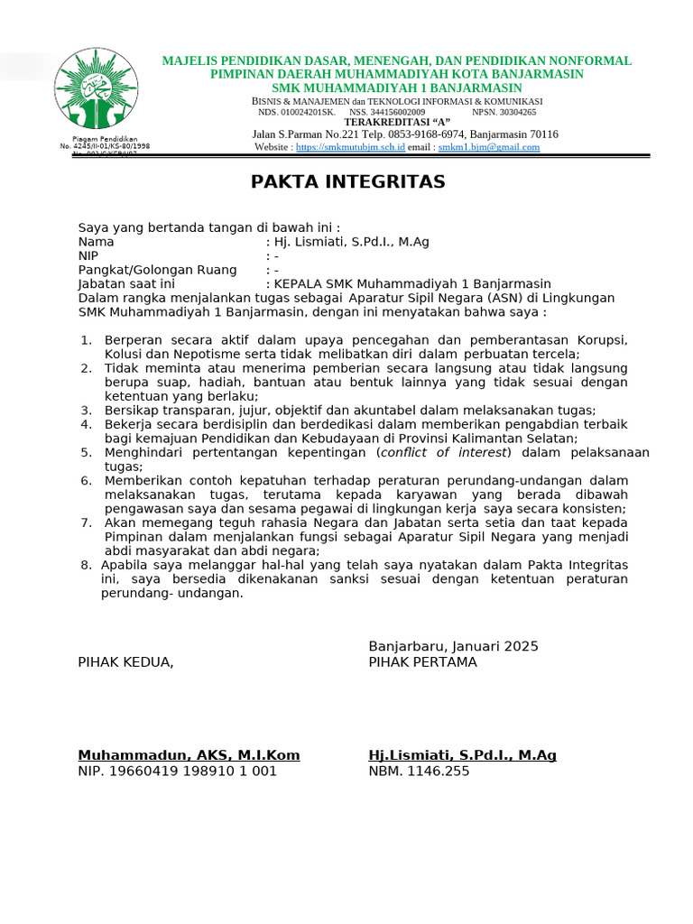 Pakta Integritas - SMK Muhammadiyah 1 Banjarmasin | PDF