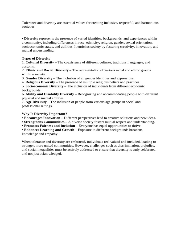 Tolerance and Diversity Are Essential Values For Creating Inclusive | PDF