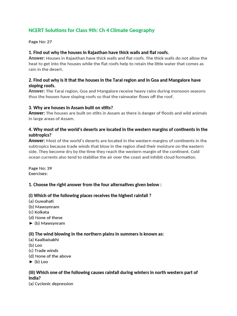 Climate NCERT QnA Class 9 | PDF | Monsoon | Rain