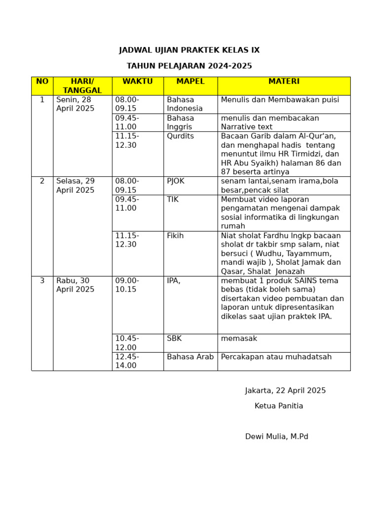 Jadwal Ujian Praktek 2024 2025 | PDF
