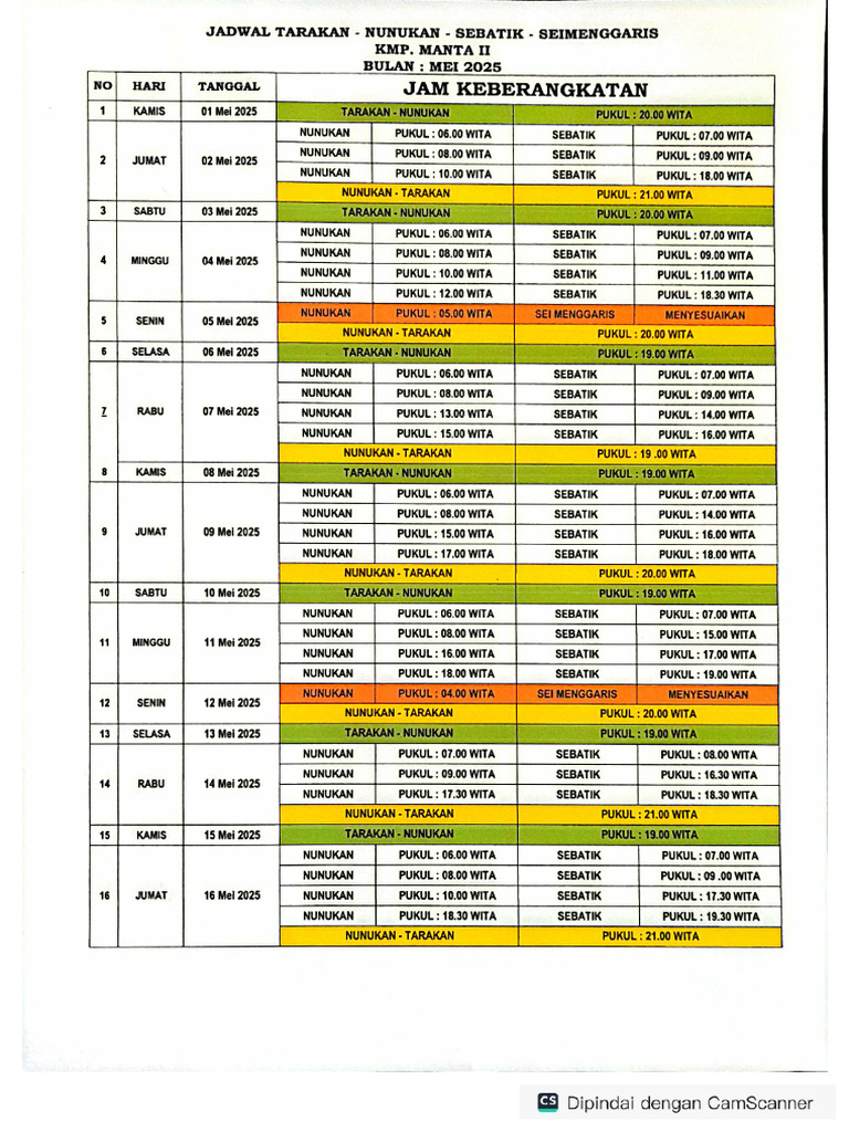 Jadwal Tarakan - Nunukan - Sebatik - Seimenggaris. Mei 2025. KMP. Manta II | PDF