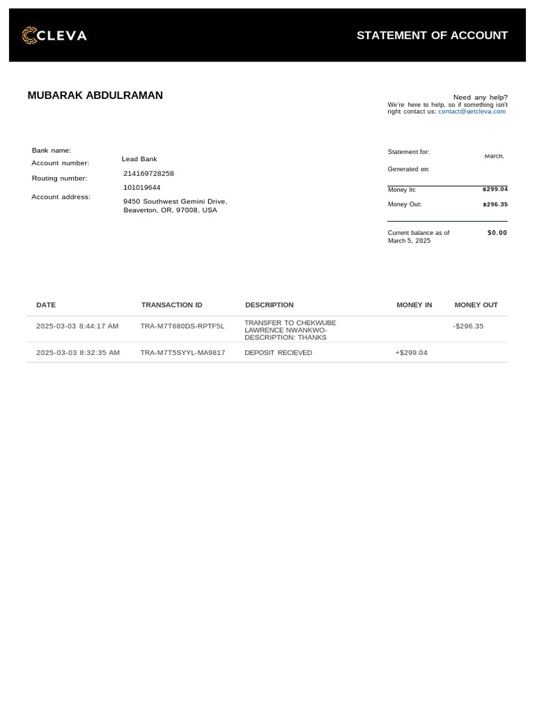 Cleva Statement March 2025 | PDF