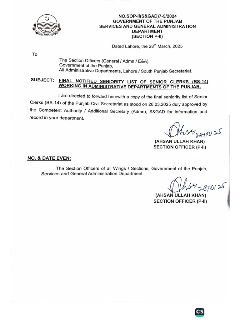 SCs Notified Final Seniority List 28.03.2025 | PDF