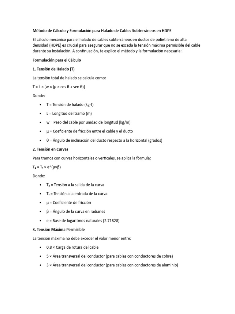 Método de Cálculo y Formulación para Halado de Cables Subterráneos en ...