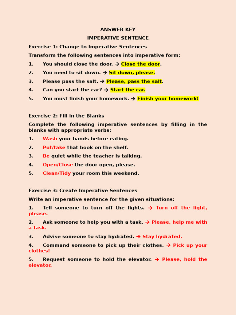ANSWER KEY imperative | PDF