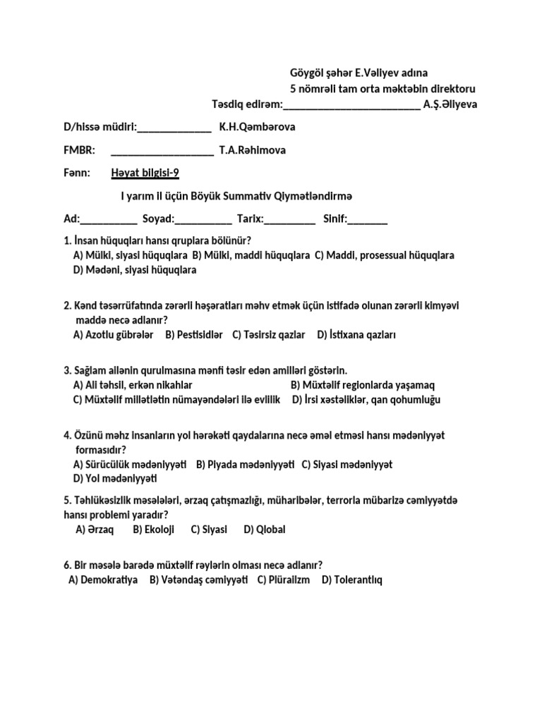 Həyat Bilgisi 9 BSQ 1 | PDF