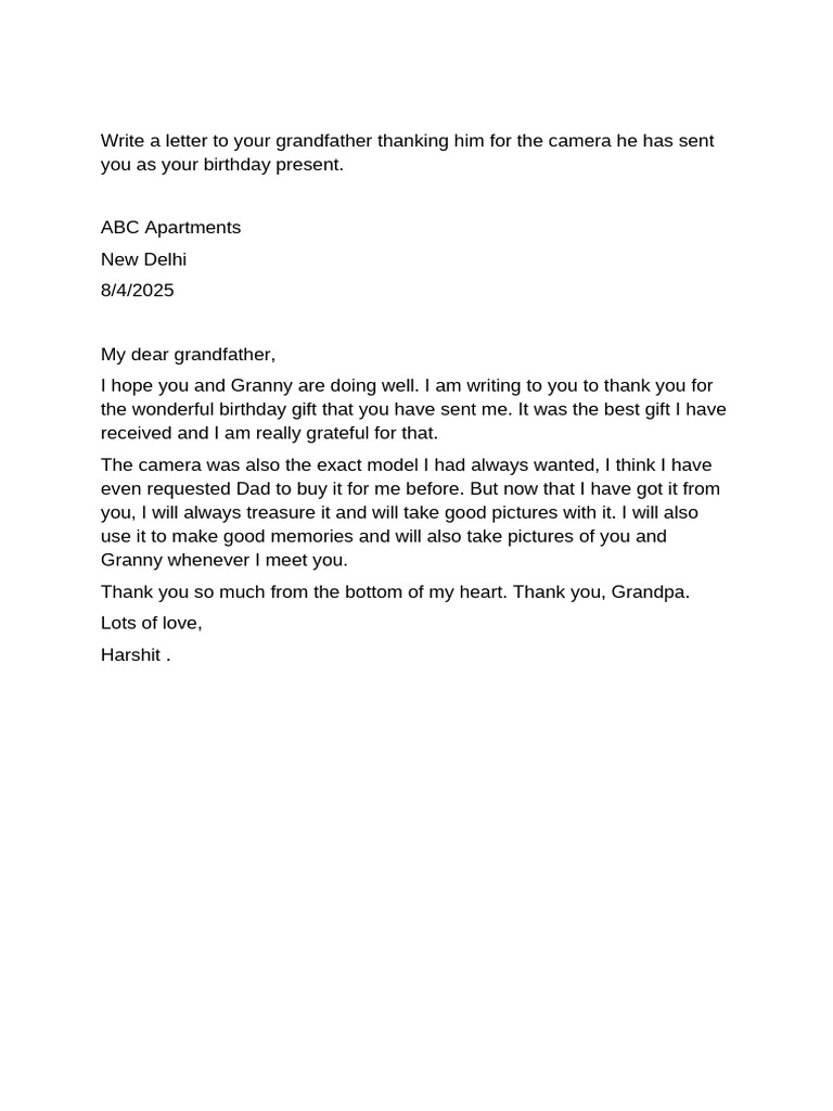 Thank You Letter for Birthday Camera | PDF