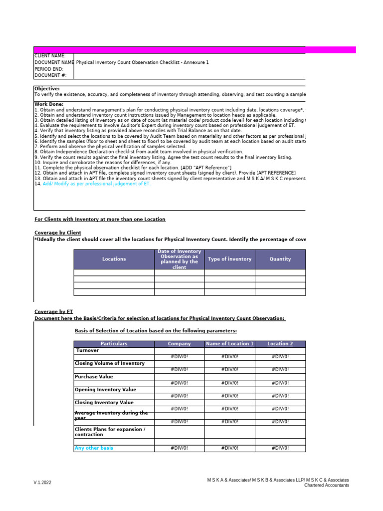 Inventory Count Observation Checklist | PDF | Audit | Inventory