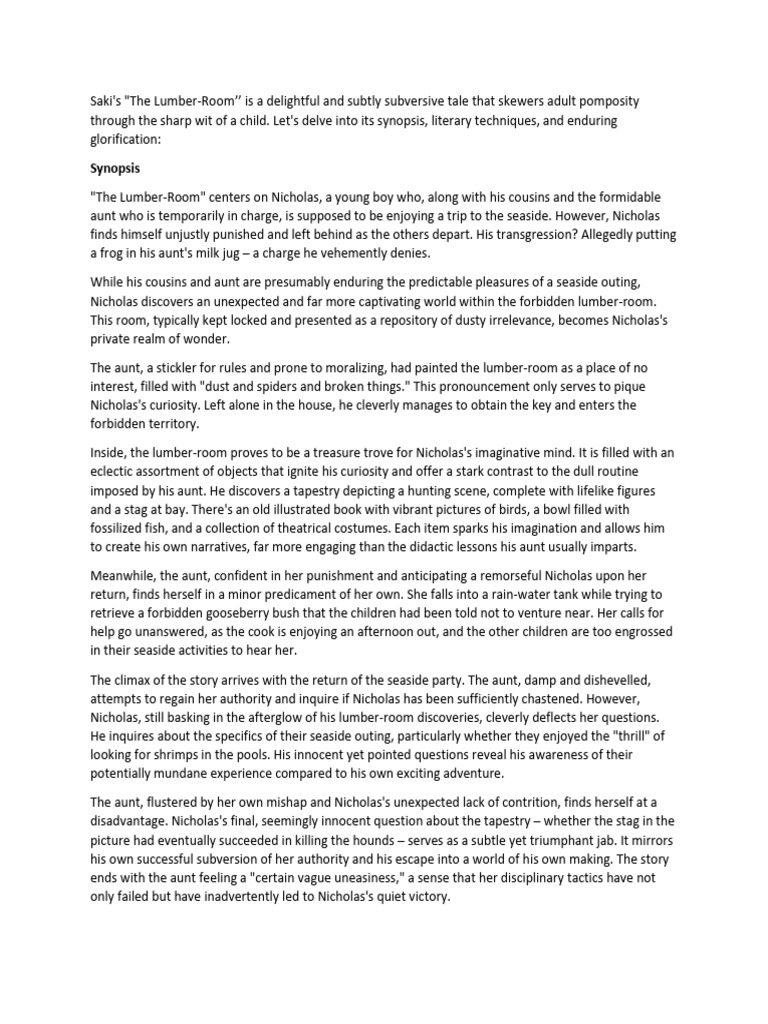 Lumber Room - Saki - Explanation and Techniques | PDF | Irony | Narration