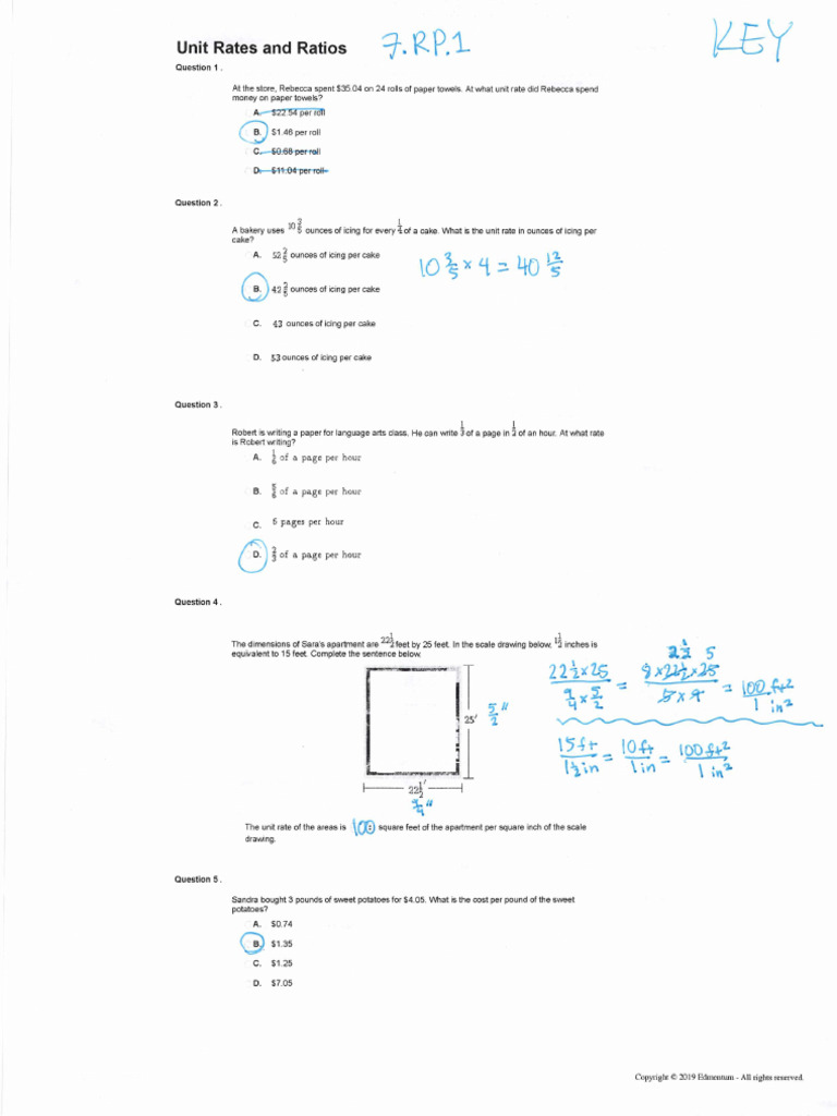 7.RP.A1 - Unit Rates & Ratios - 1 - 10Q - KEY | PDF