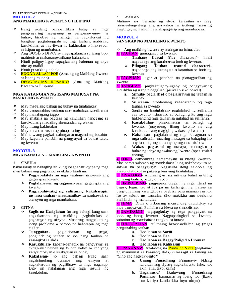 Modyul 2: Fil 117 Reviewer Decenilla, Cristhea L | PDF