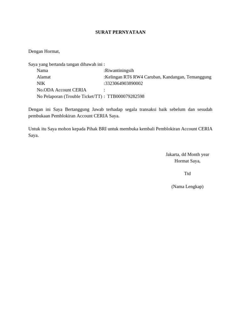 Contoh Dokumen Surat Pernyataan Rilis Block R CERIA | PDF