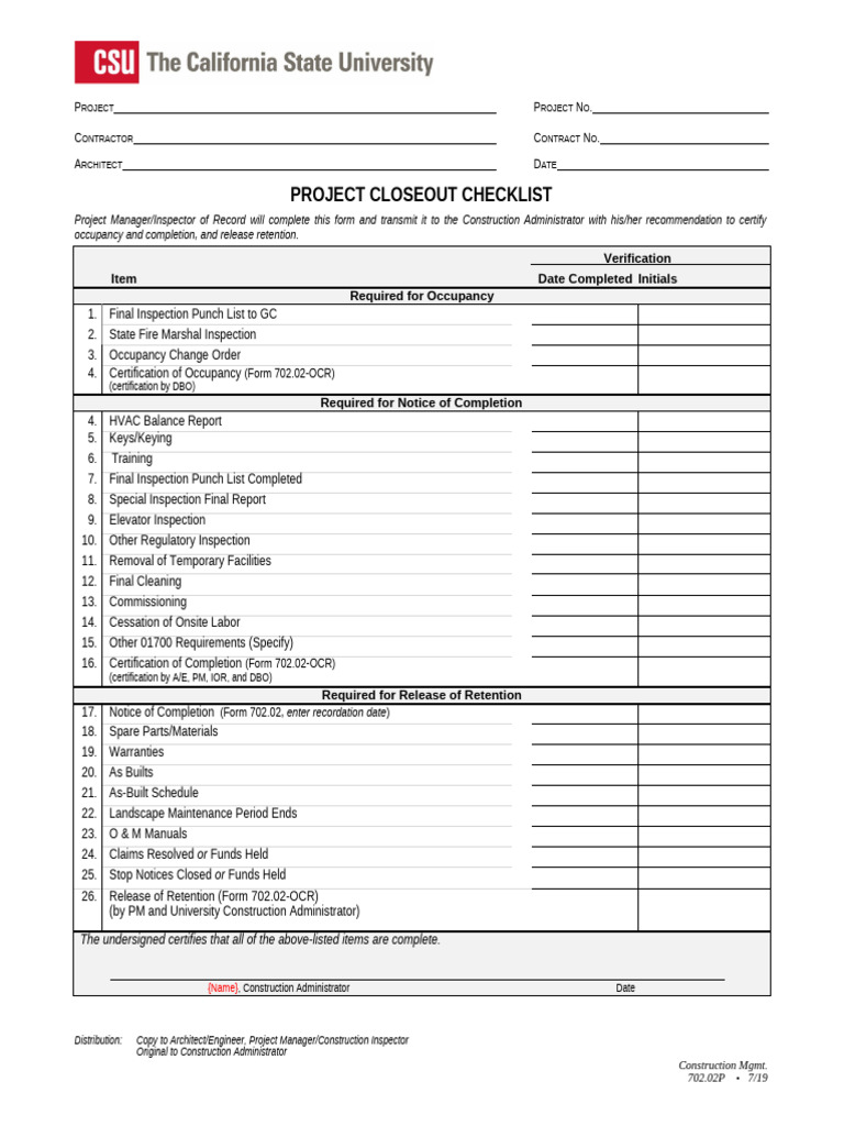CM Project Closeout Checklist | PDF