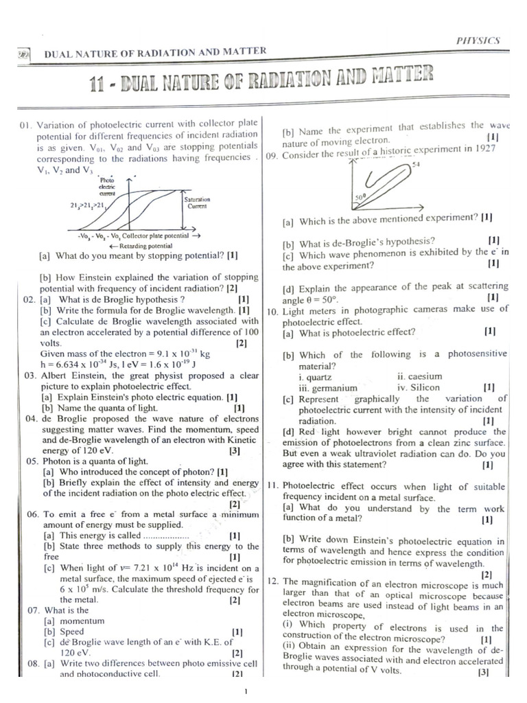Dual nature of radiation and matter [Qn Bank] | PDF