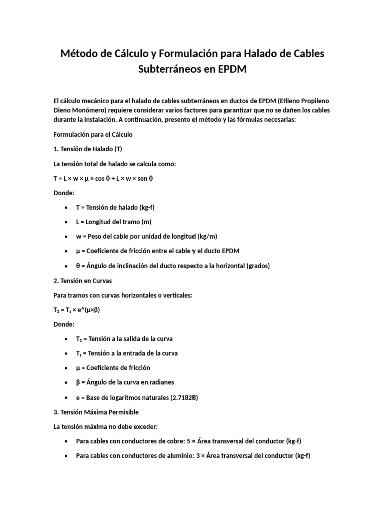 Cálculo de Tensión para Halado de Cables EPDM | PDF