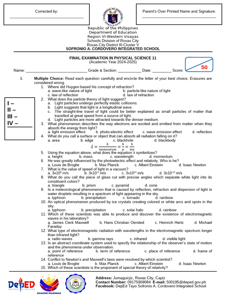 Physical Science 11 Final Exam Guide | PDF | Light | Waves
