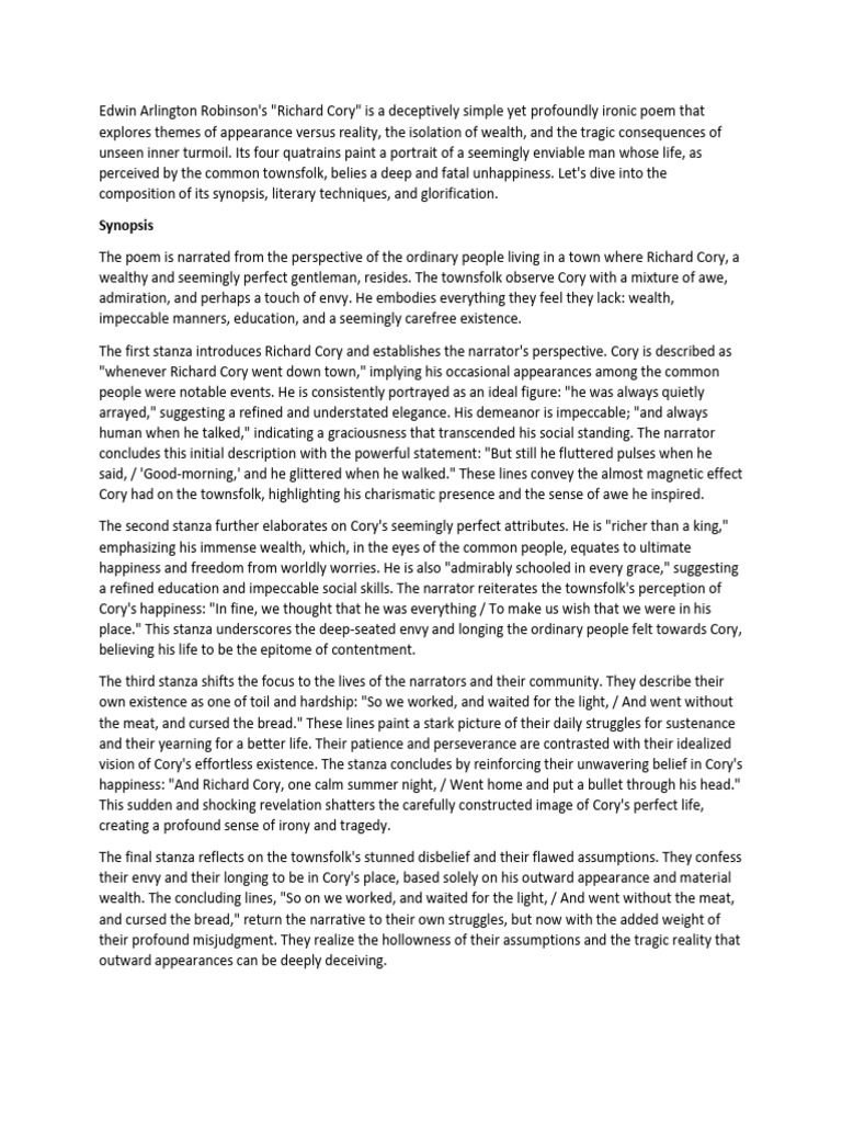 Edwin Arlington Robinson - Richard Cory - Synopsis and Explanation ...