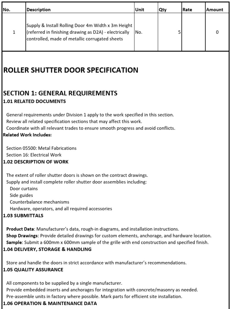 Roller Shutter Door Specifications | PDF | Door | Specification ...
