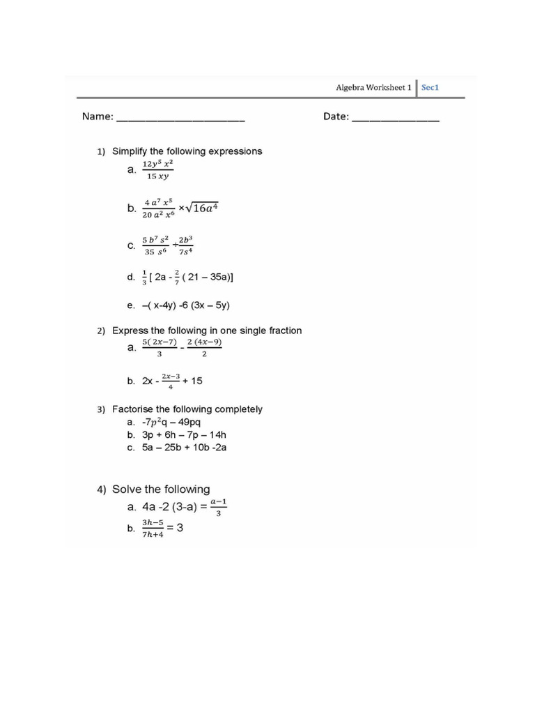 Sec 1 Math - Algebra Practice | PDF